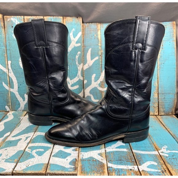 Justin Boots | Shoes | Vtg Justin Black Leather Roper Cowboy Boots ...